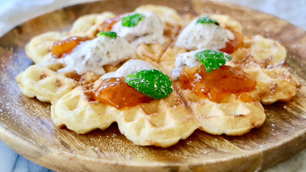 Waffle with cloudberry, ice cream and mint – Scandinavian Simple Eating
