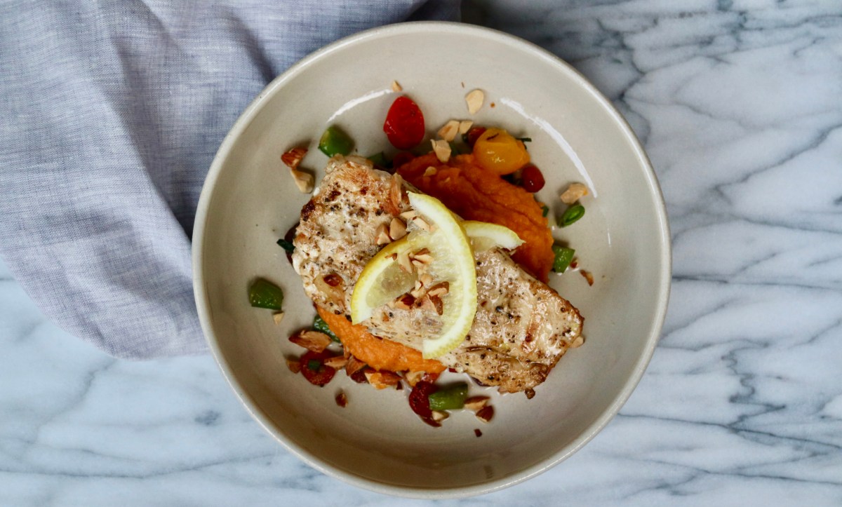 Grilled Cobia with mashed sweet potato, bean salad and roasted almonds ...