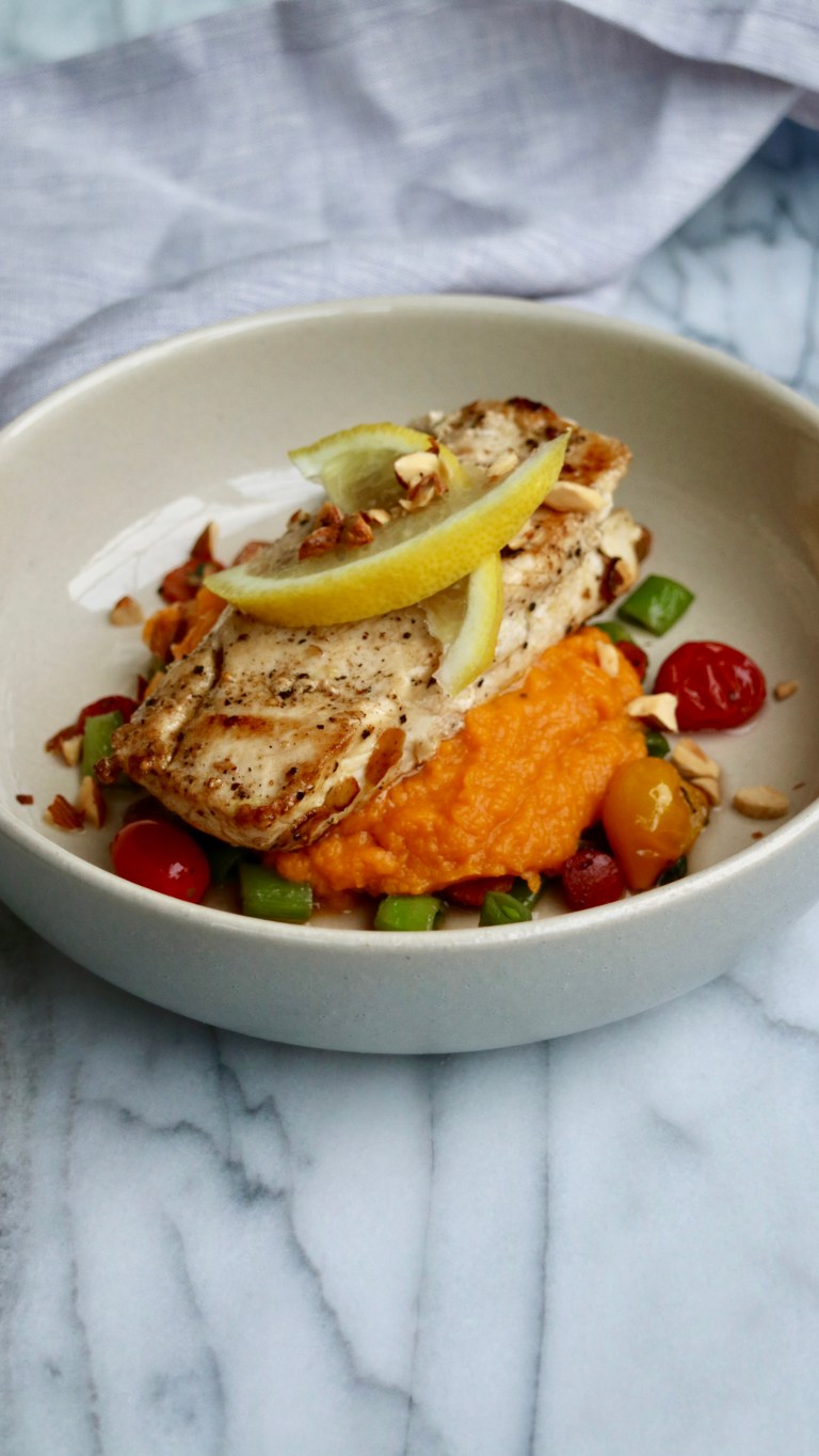 Grilled Cobia with mashed sweet potato, bean salad and roasted almonds ...